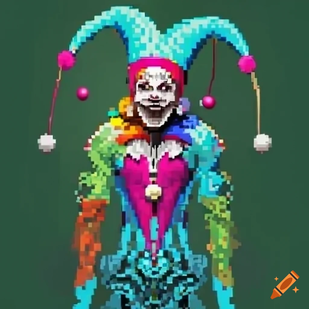 Colorful jester character with a mock prop gun in pixel art style on ...