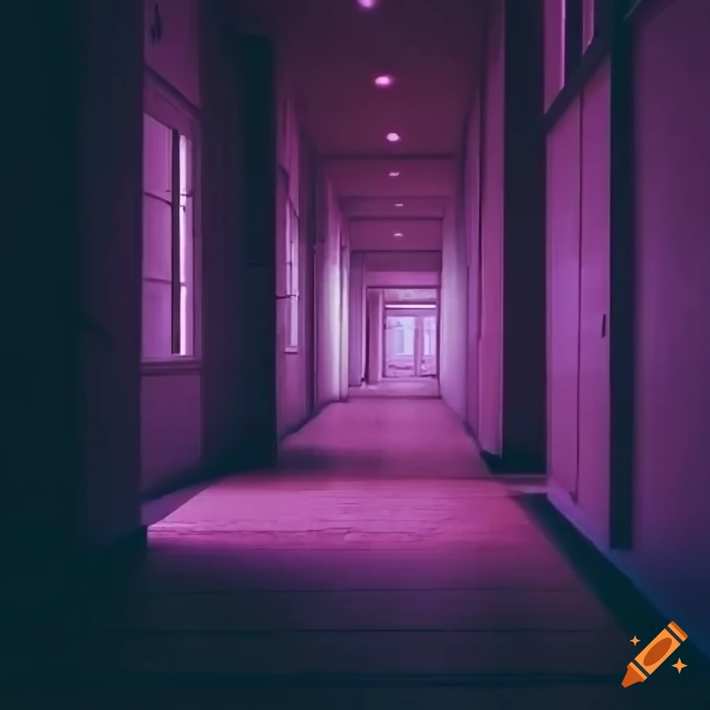 Liminal space hallway with a pink tint leading to a mysterious light on ...