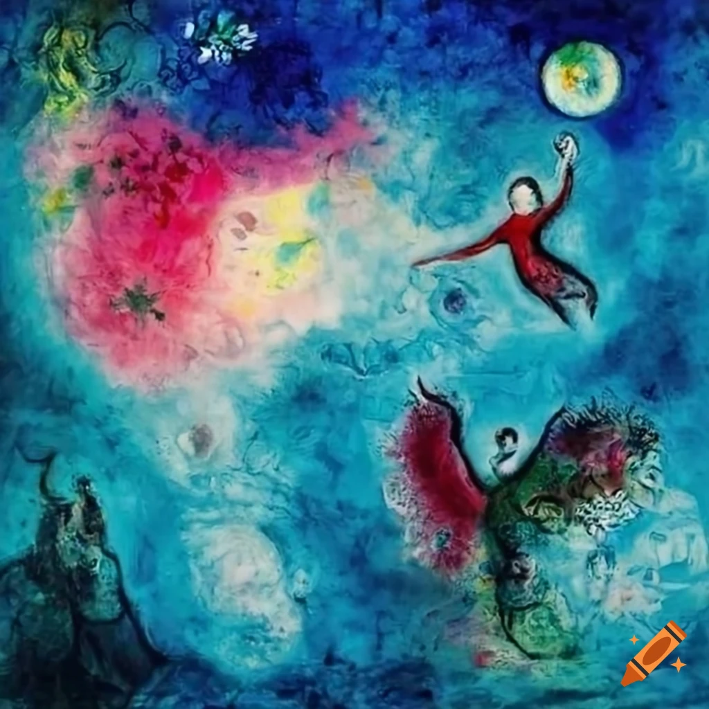 Surreal landscape painting by Marc Chagall with floating lovers and ...