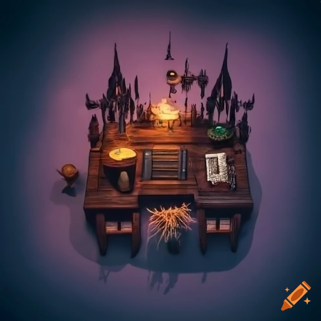 Aerial view of a witch's workbench on Craiyon