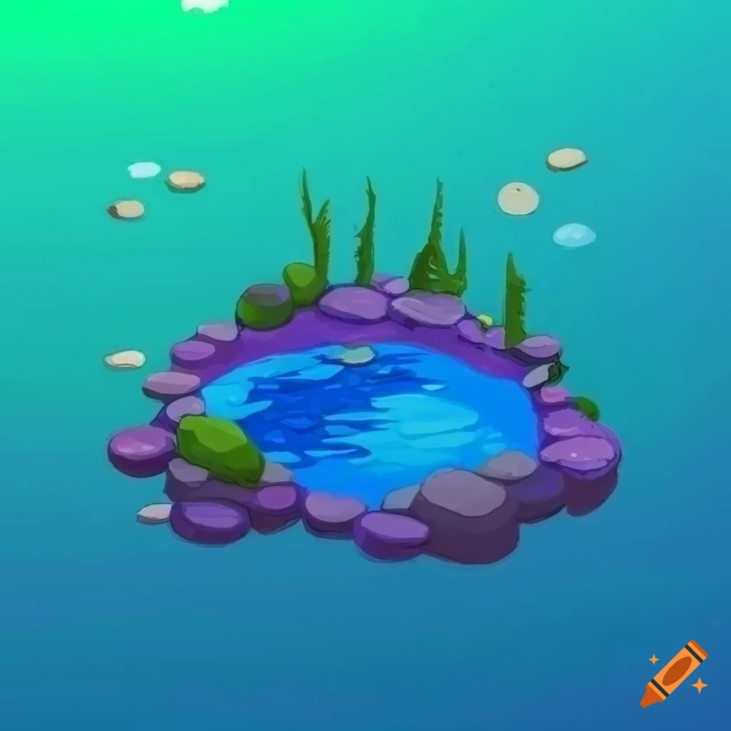 Isometric view of a pond with magical blue water surrounded by stones ...
