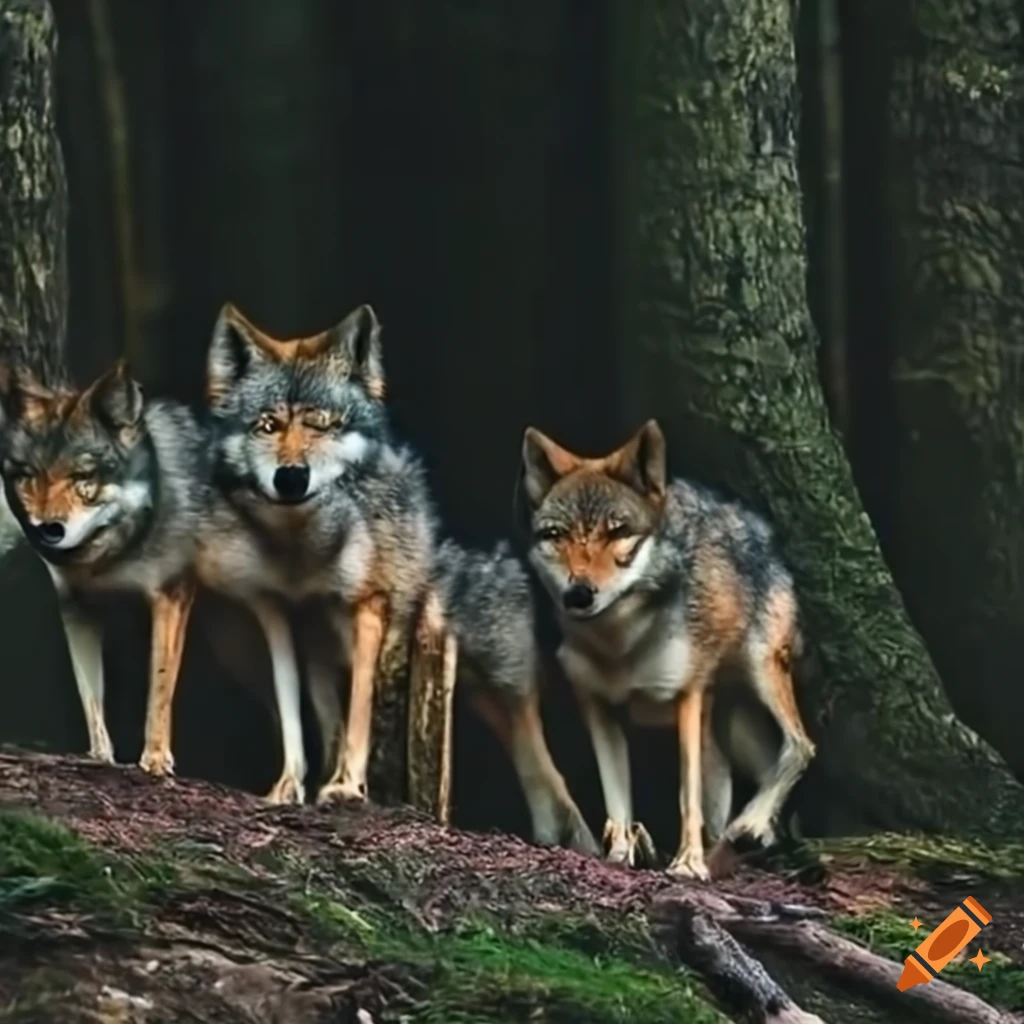 Pack of wolves with red eyes in a dark forest on Craiyon