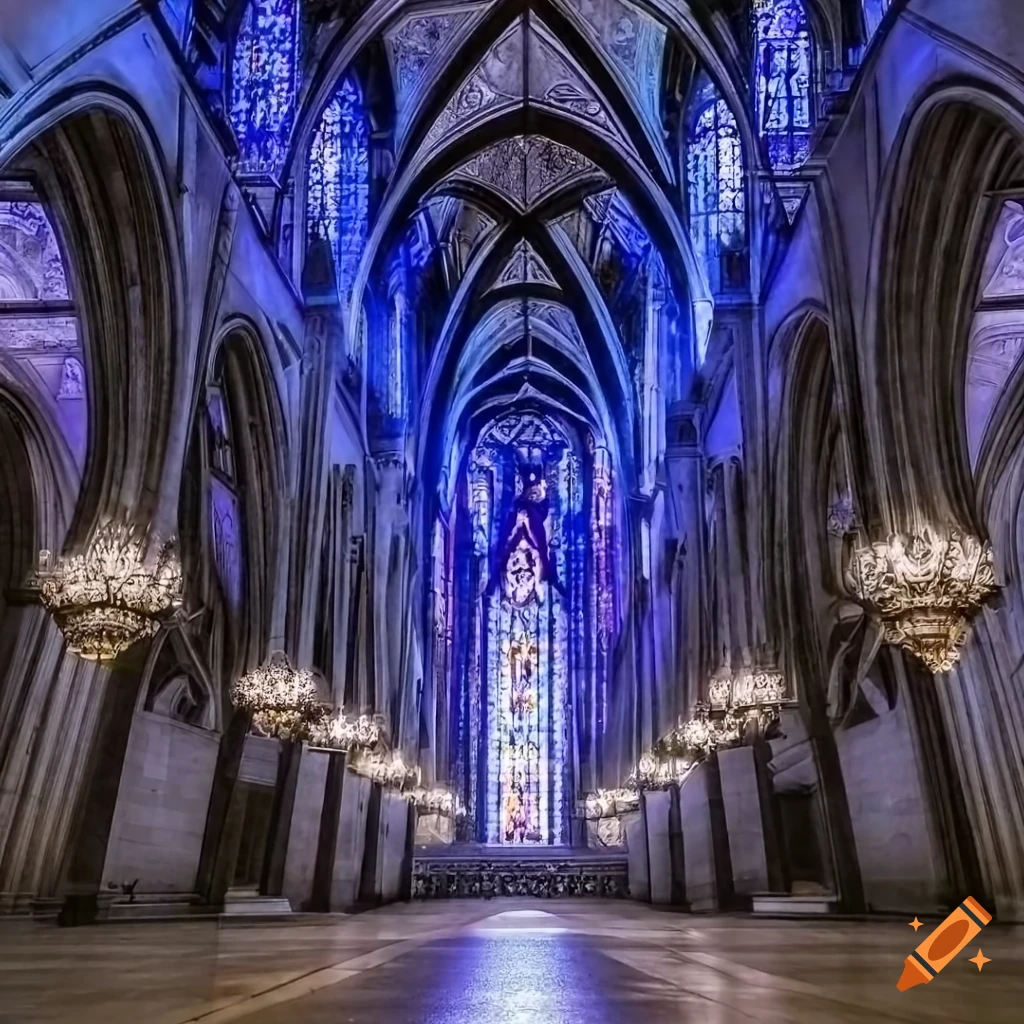 Magnificent cathedral interior with large stained glass window in ...