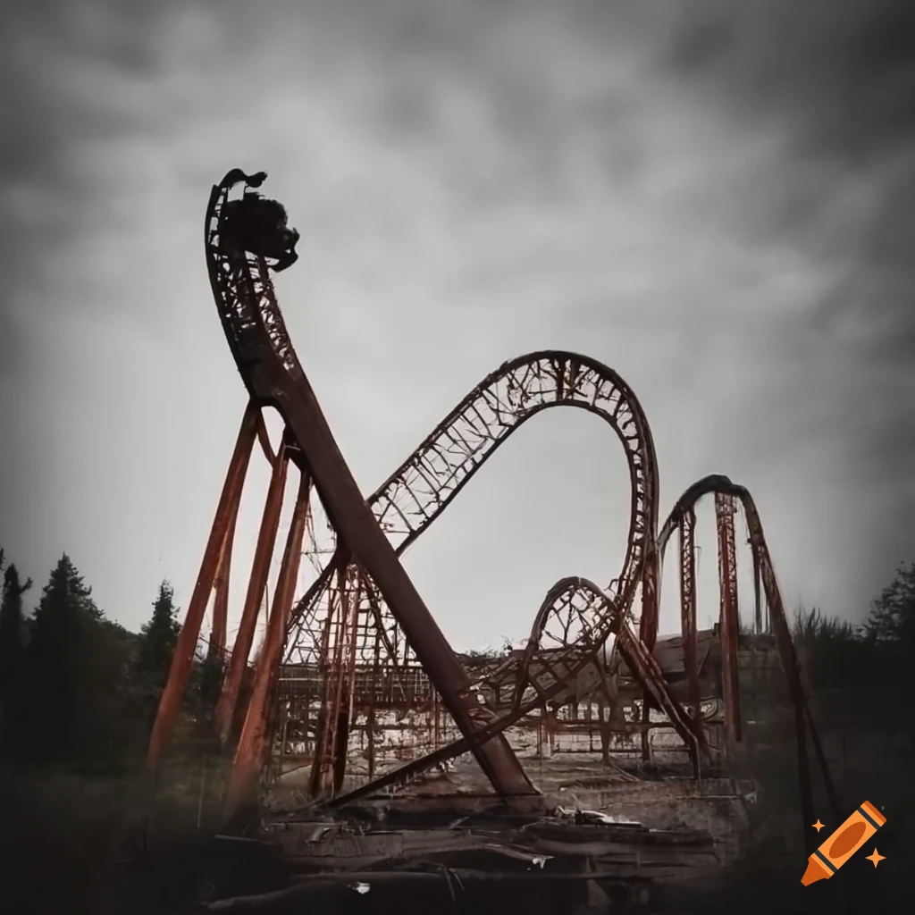 Rusty roller coaster in an abandoned fun fair with a CRQ sign under ...