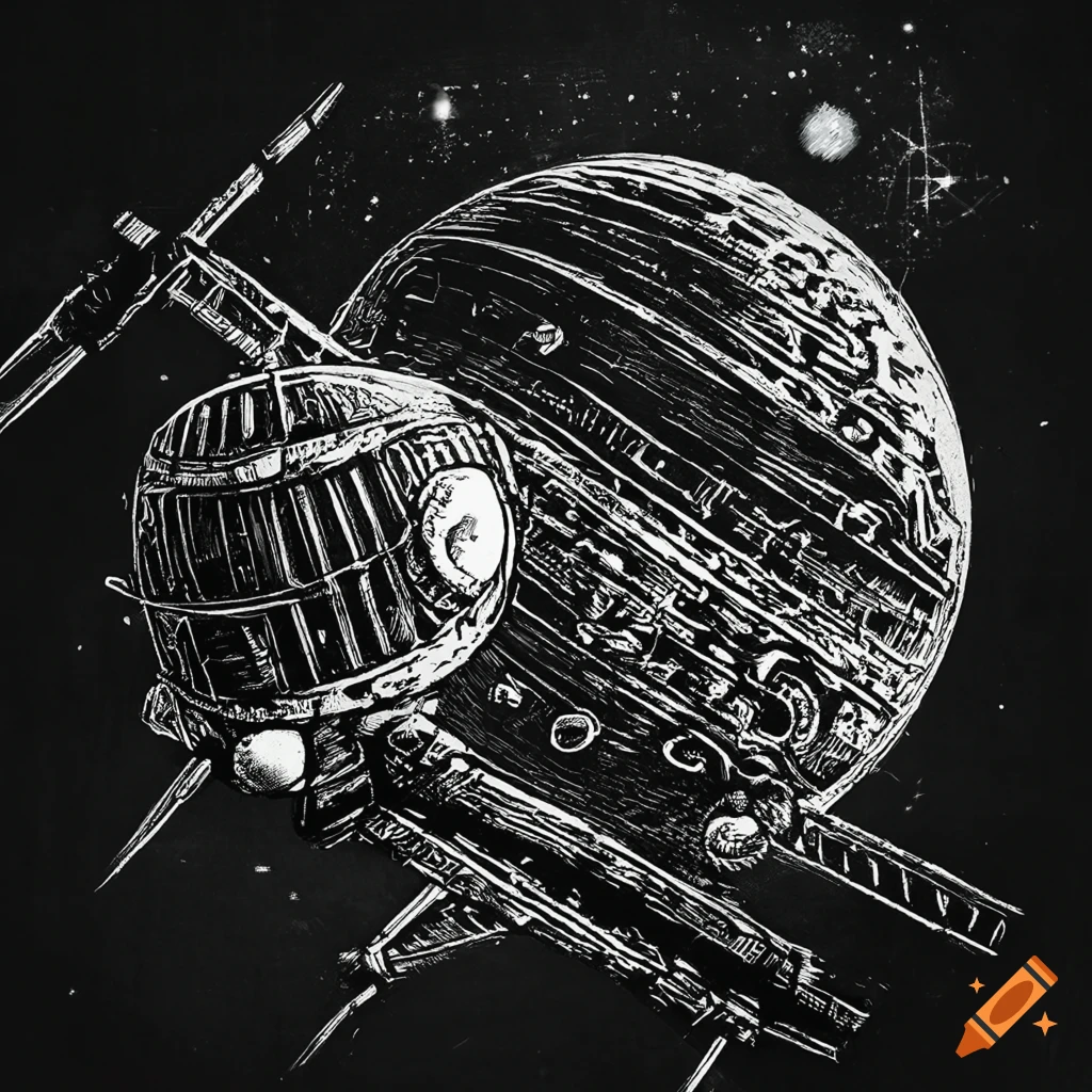 Black and white woodblock print of cryptic space station technology ...