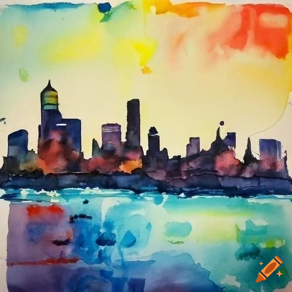 Wet media painting of minneapolis city skyline with exploration of ...