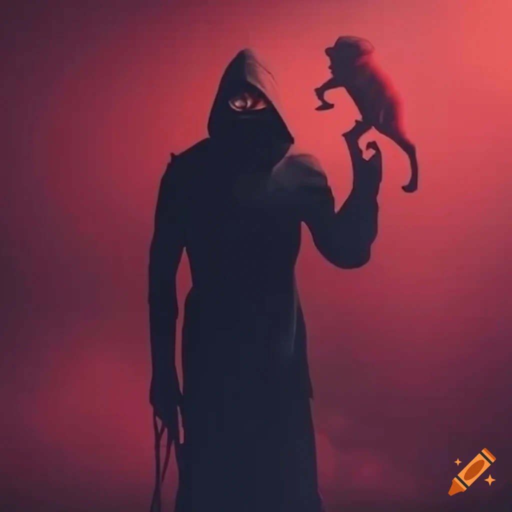 Hooded ninja with monkey features in a creepy red mist on Craiyon