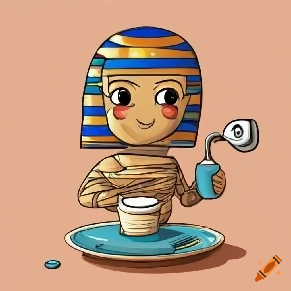 Egyptian cartoon mummy enjoying coffee on Craiyon