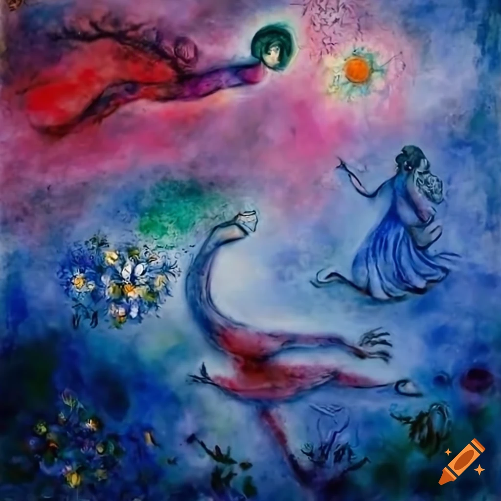 Surreal landscape painting by Marc Chagall with floating lovers and ...