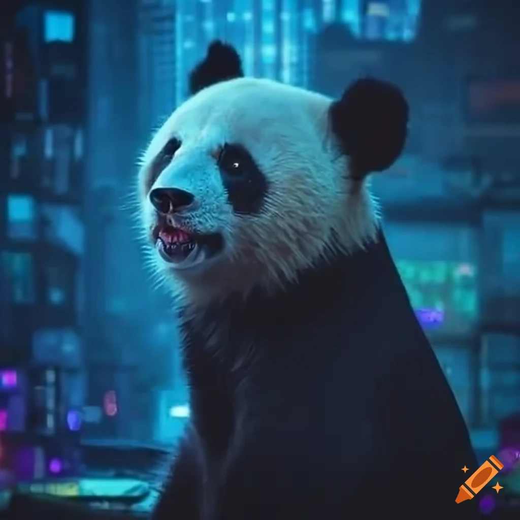 Panda buying alien fruit in a semi-cyberpunk city on Craiyon
