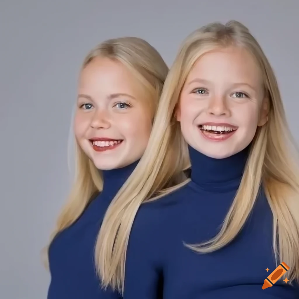 Two smiling blond twin girls in navy turtlenecks, detailed upper body ...