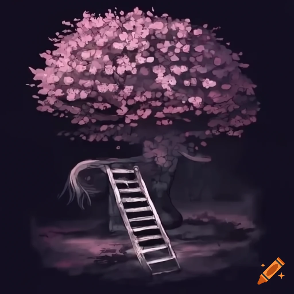 Ladder against a Sakura treehouse in anime style on Craiyon