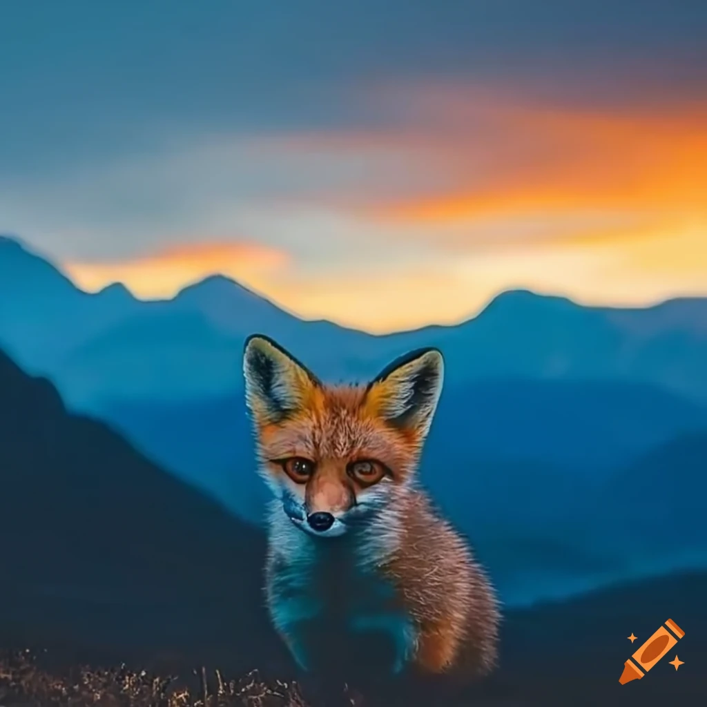 Fox in a picturesque sunset mountain setting on Craiyon