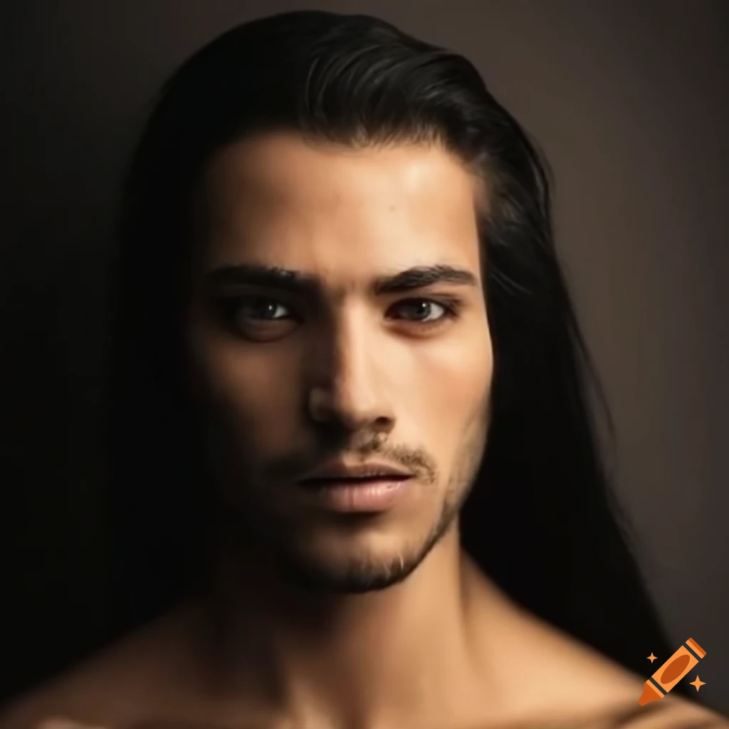 Striking man with olive skin, amber eyes, and flowing black hair on Craiyon
