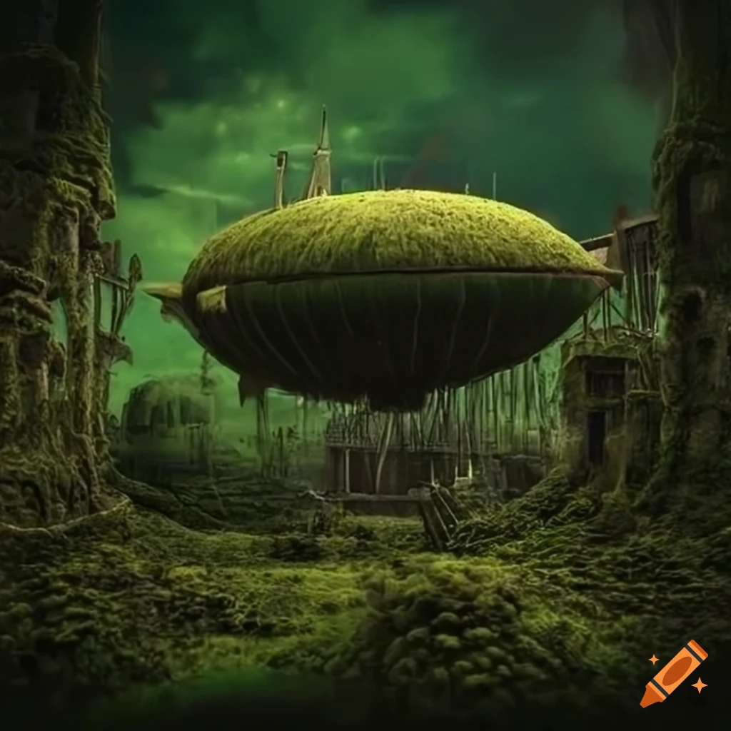 Surreal artwork of moss-covered carbon magma structure floating over a ...