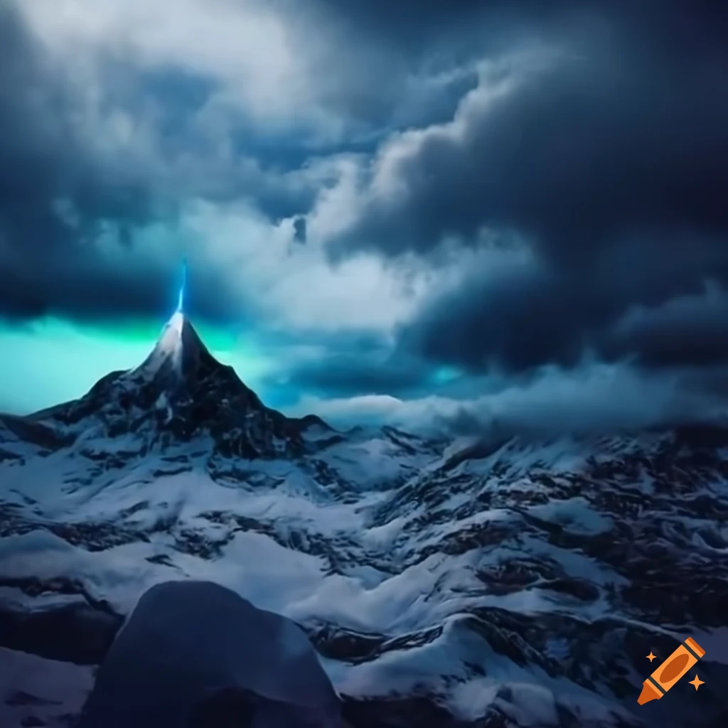 Inter-dimensional portal on a snow-capped mountain with dramatic stormy ...