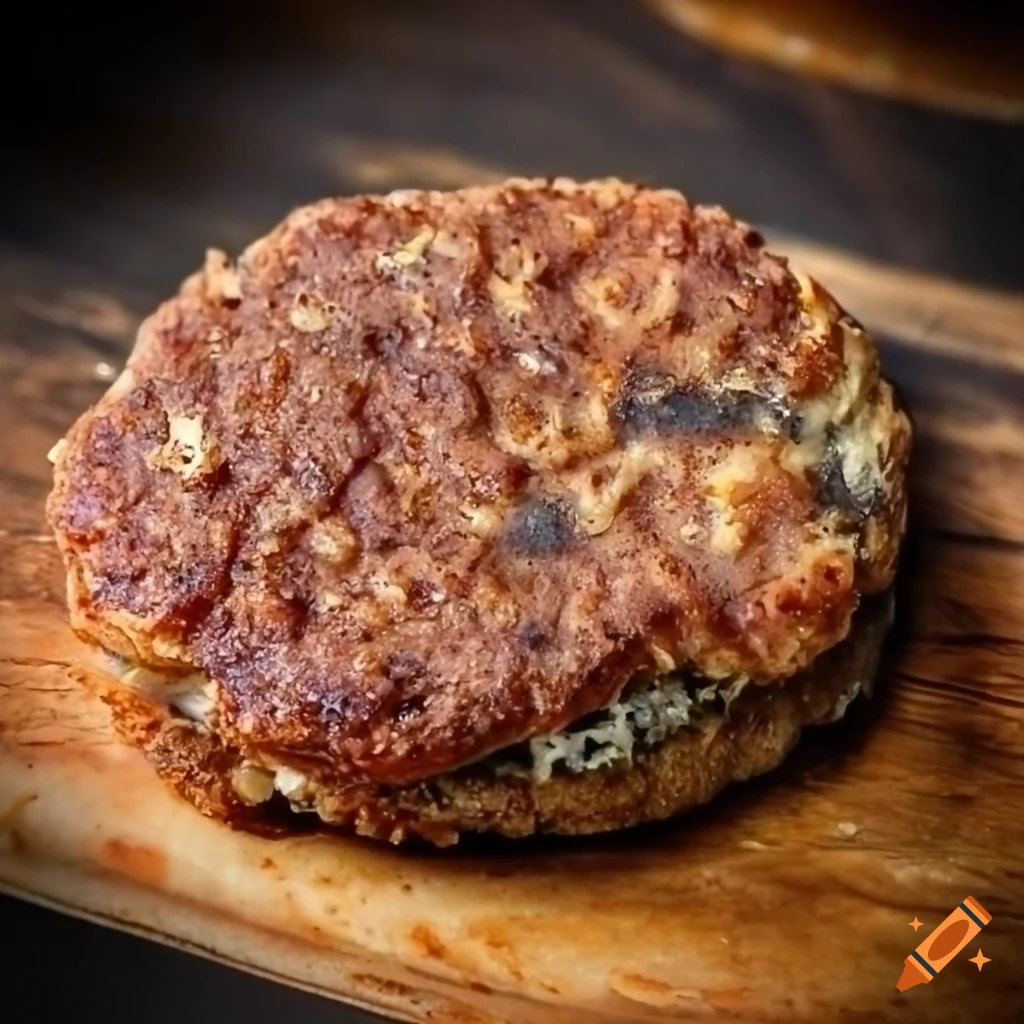 Old dusty burger patty with mushrooms on Craiyon