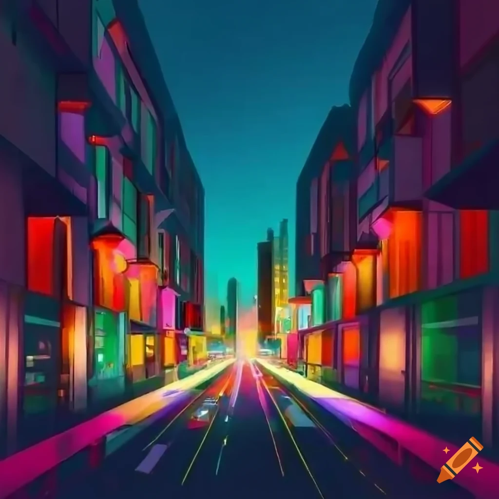 Animated city street filled with vibrant colors under a clear night sky ...
