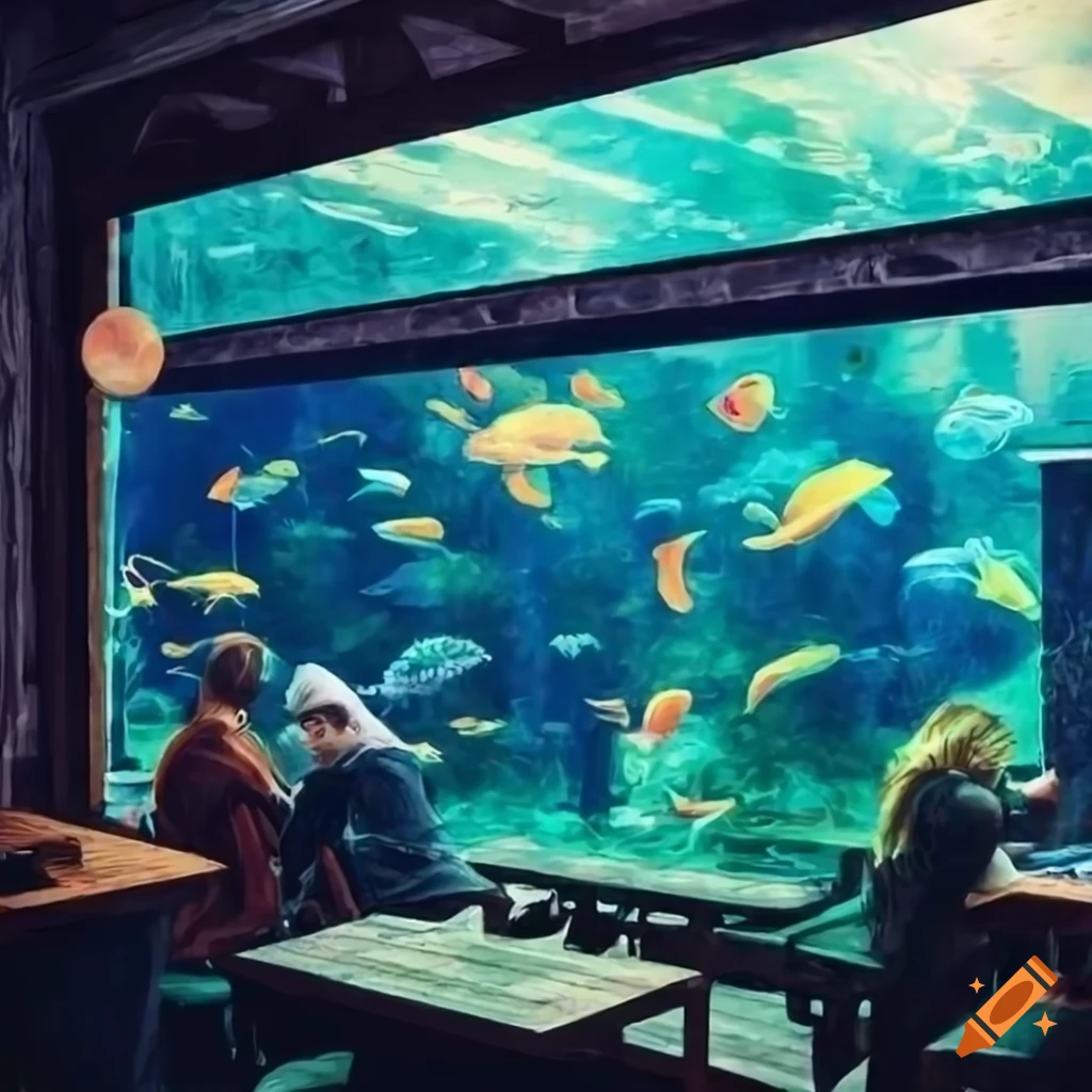 Cozy cafe with tropical fish aquarium in watercolor style on Craiyon