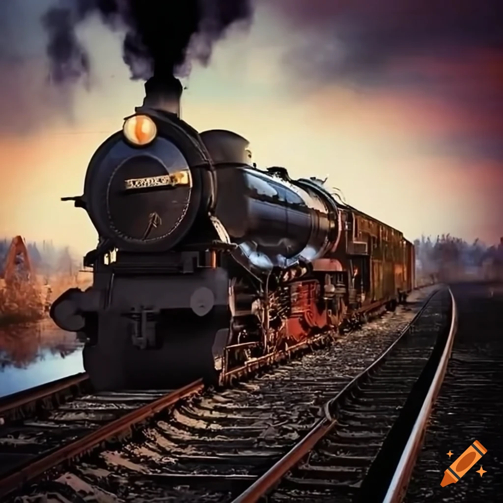 Steam powered train in motion on Craiyon