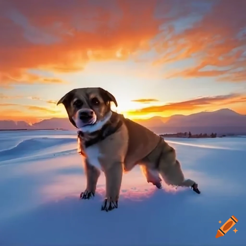 Dog enjoying sunset in snowy landscape on Craiyon