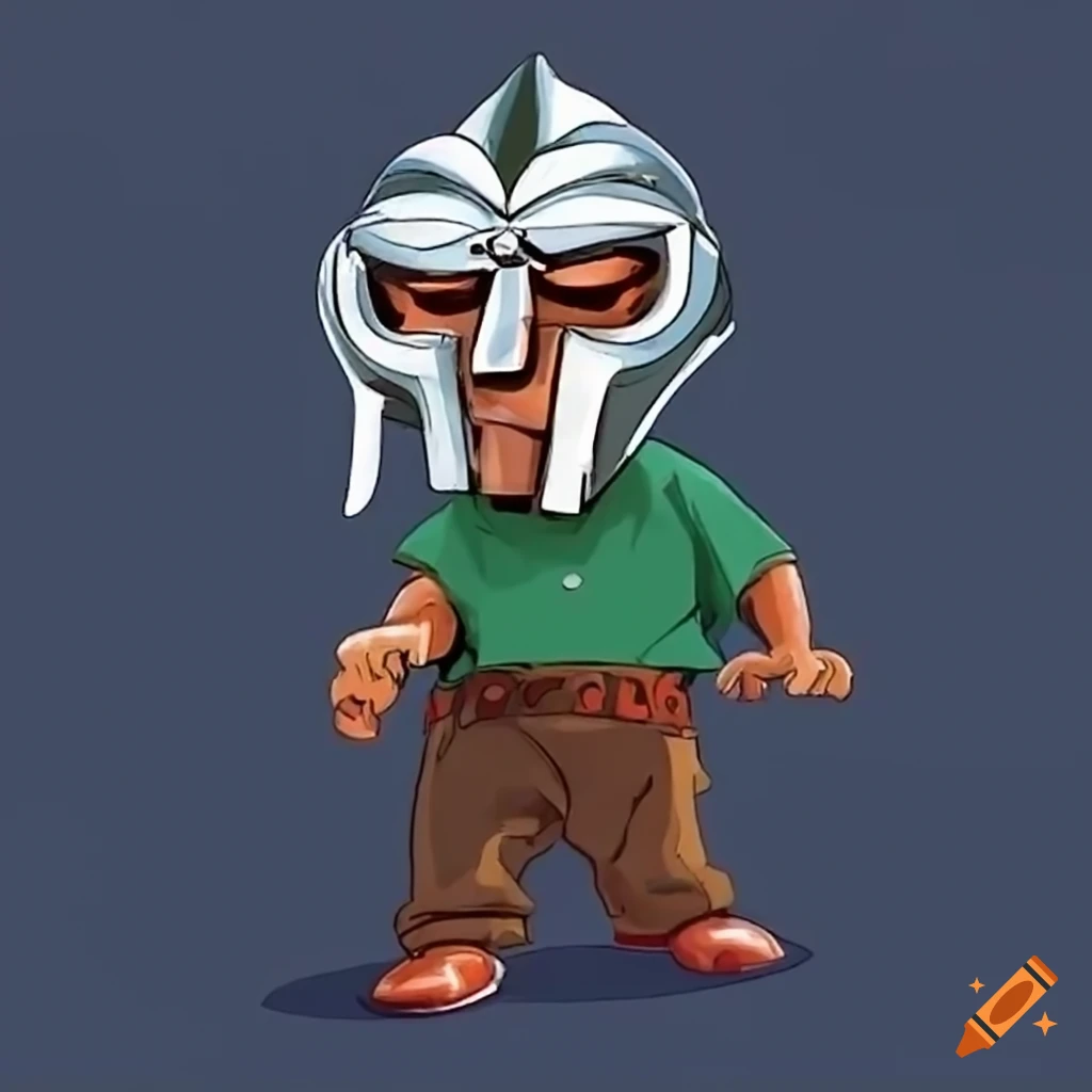 Cartoon version of MF DOOM waving in a neighborhood on Craiyon