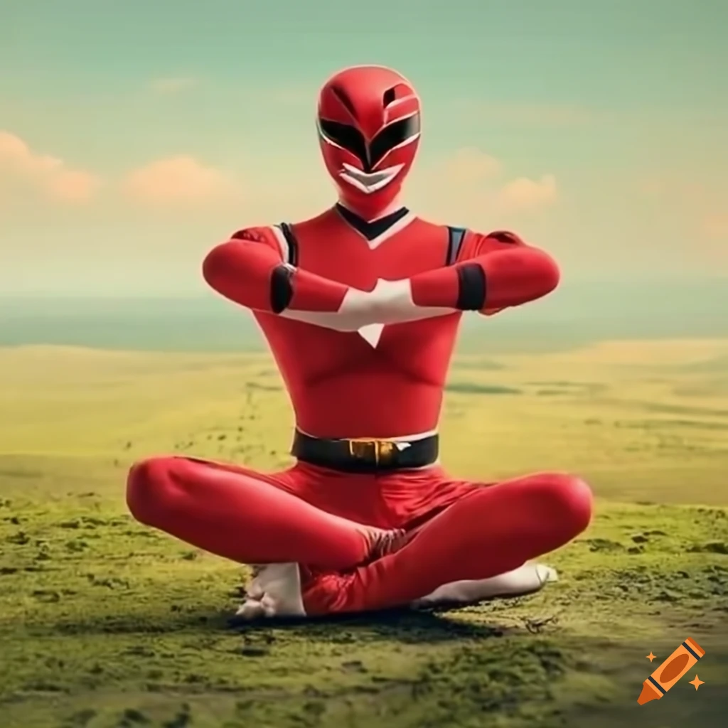 Red Power Ranger in a yoga pose in serene nature landscape on Craiyon