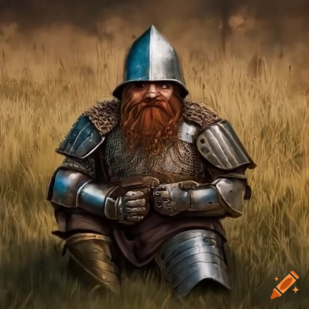 Portrait of a dwarf medieval soldier in battered armor laying in a ...