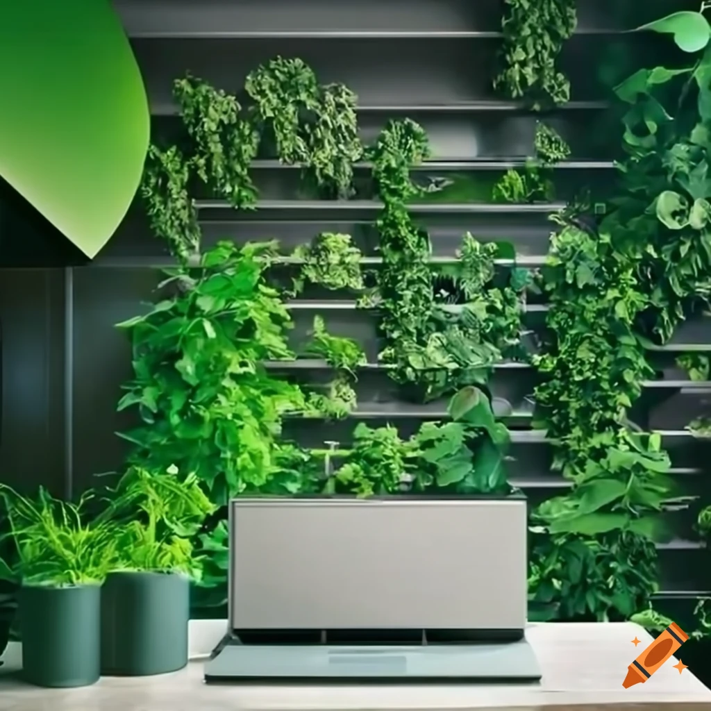 Sleek and modern office with lush green plants, computer, and desk on ...