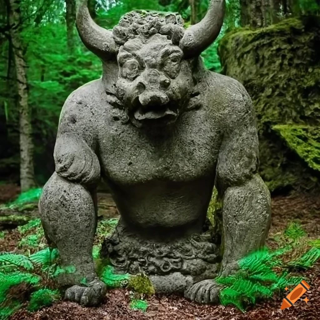 Intricately carved stone Minotaur surrounded by ferns and moss in a ...