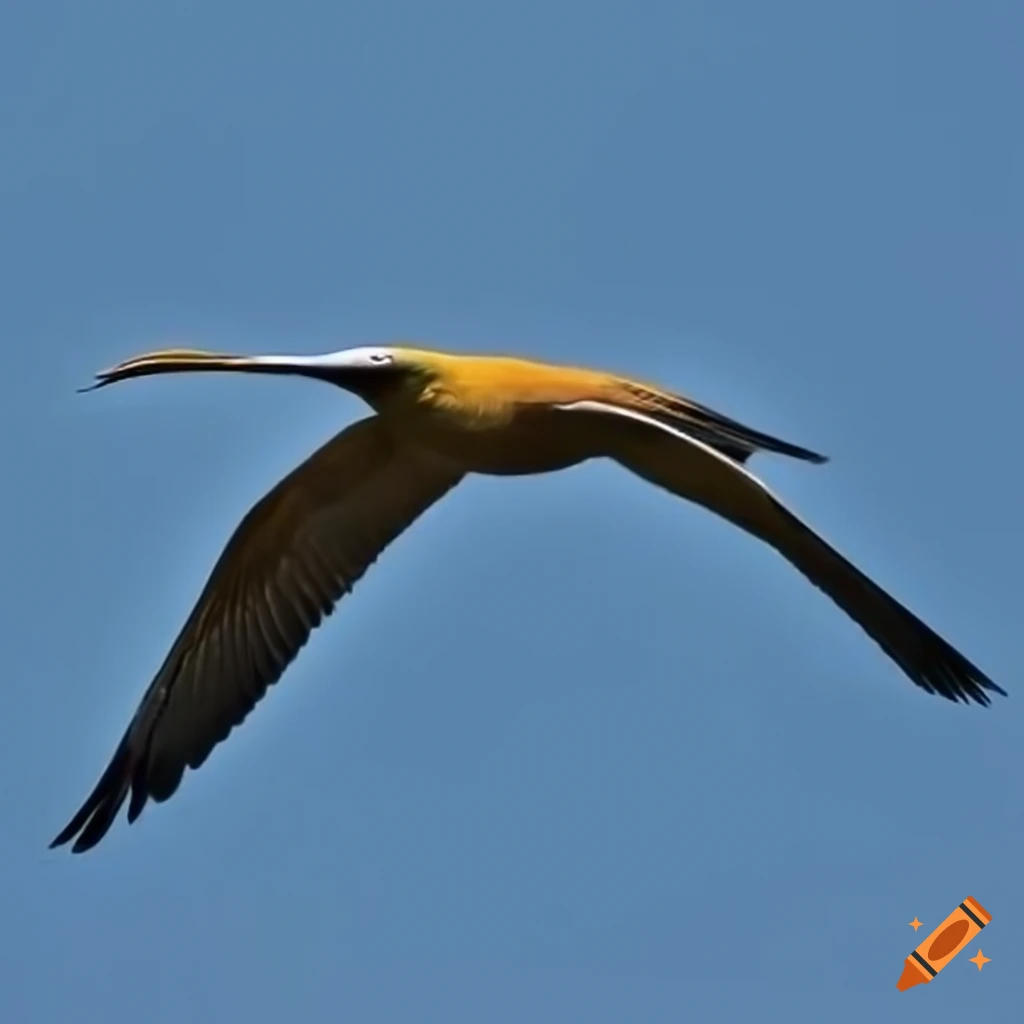 Fictional bird with a long beak flying in the air on Craiyon