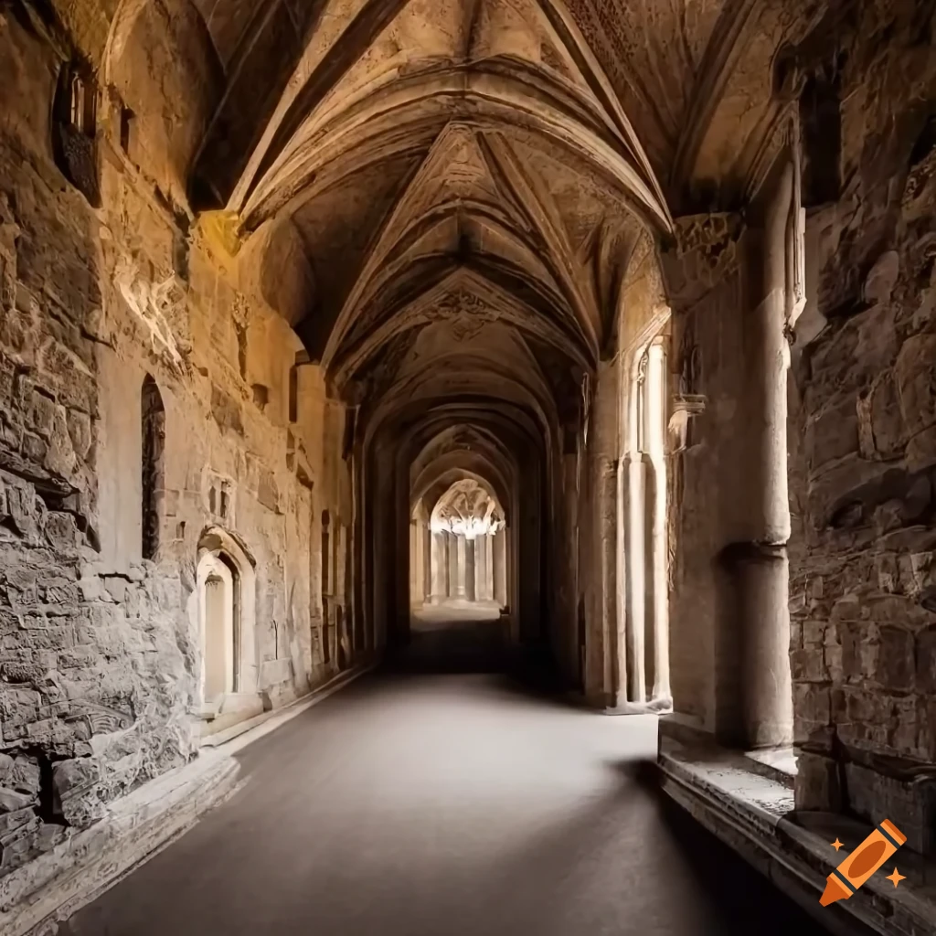 Majestic empty castle hall with grey stone walls on Craiyon