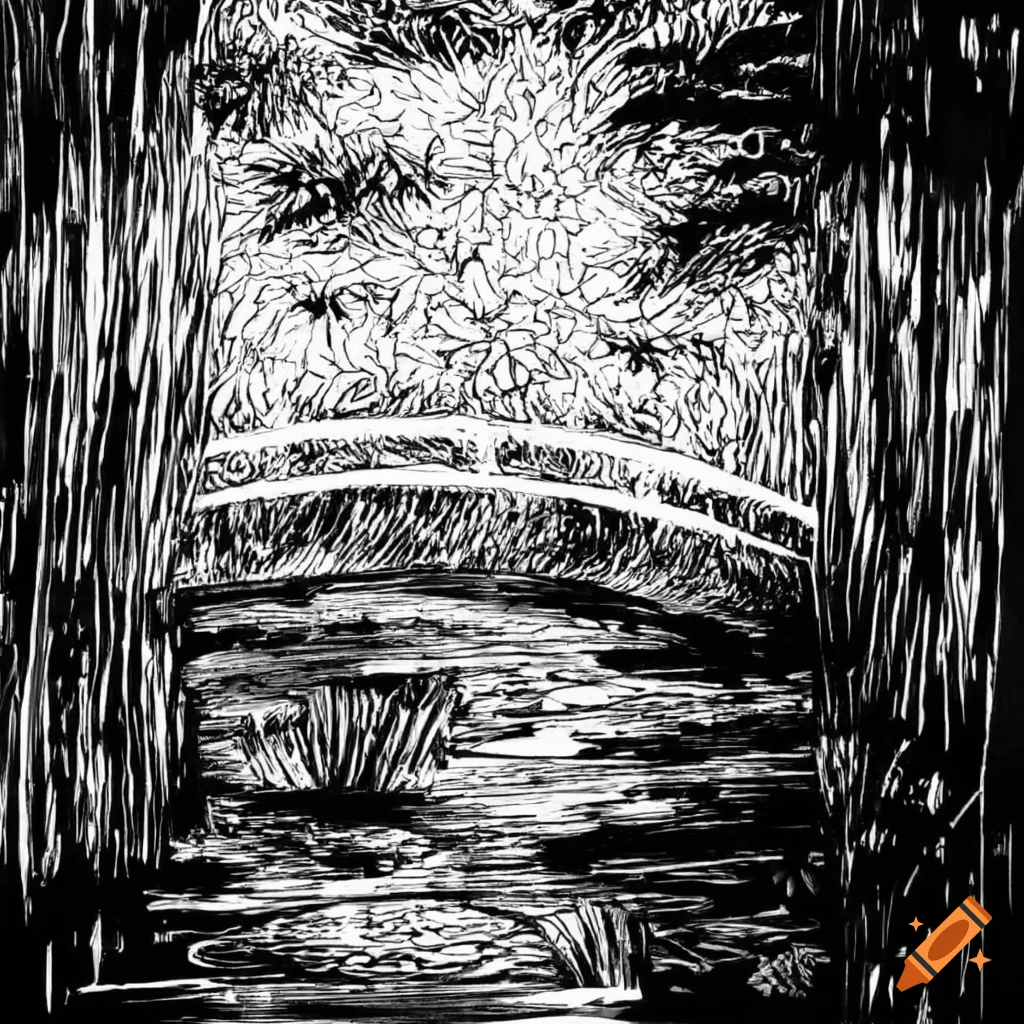 Monet's water lily pond coloring book page with high detail on Craiyon