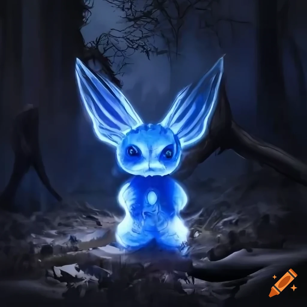 Blue luminous mystical creature in a forest on Craiyon