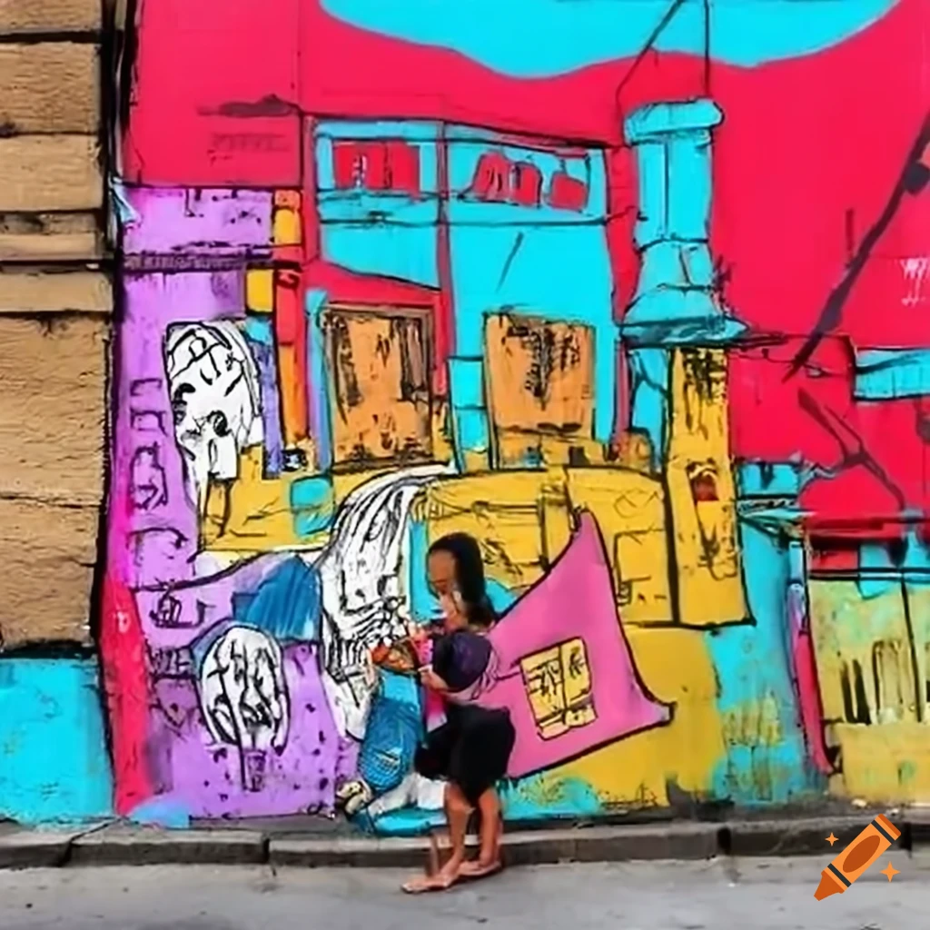 Bustling filipino city street scene with juanito painting a mural on a ...