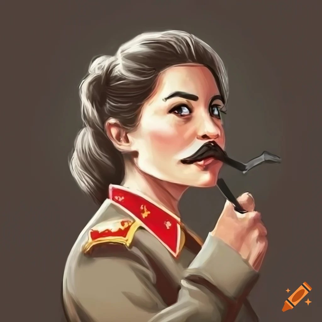 Young woman with a mustache like stalin holding a hammer and sickle in ...