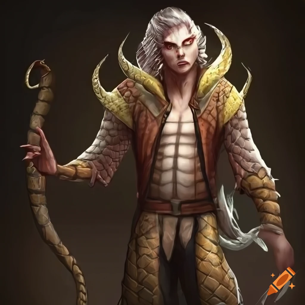 Male human-snake fantasy character with scaly skin and snake-scale ...
