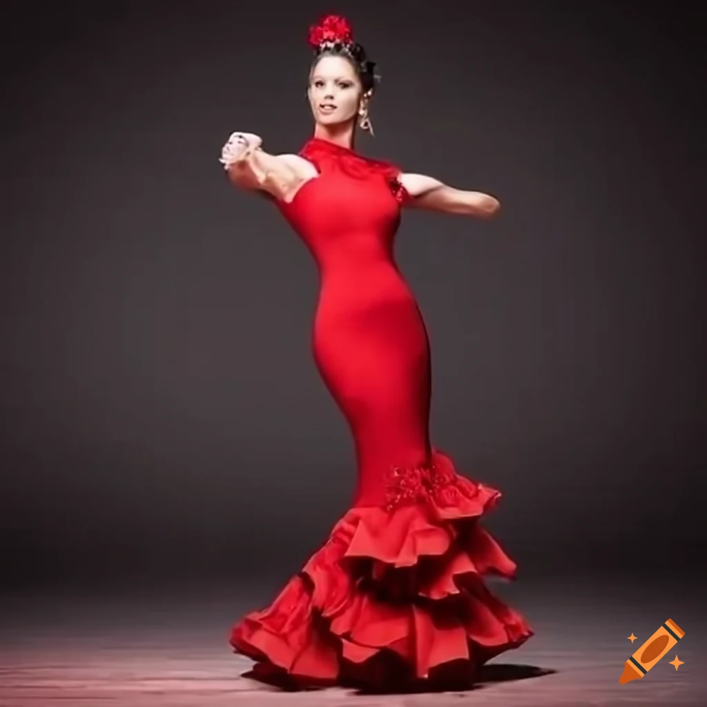 Model in red dress showcasing flamenco dance movements on Craiyon