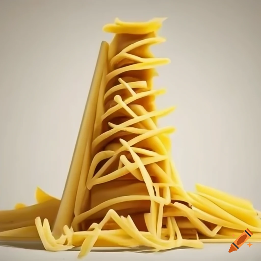 Pasta tower experiencing an earthquake on Craiyon