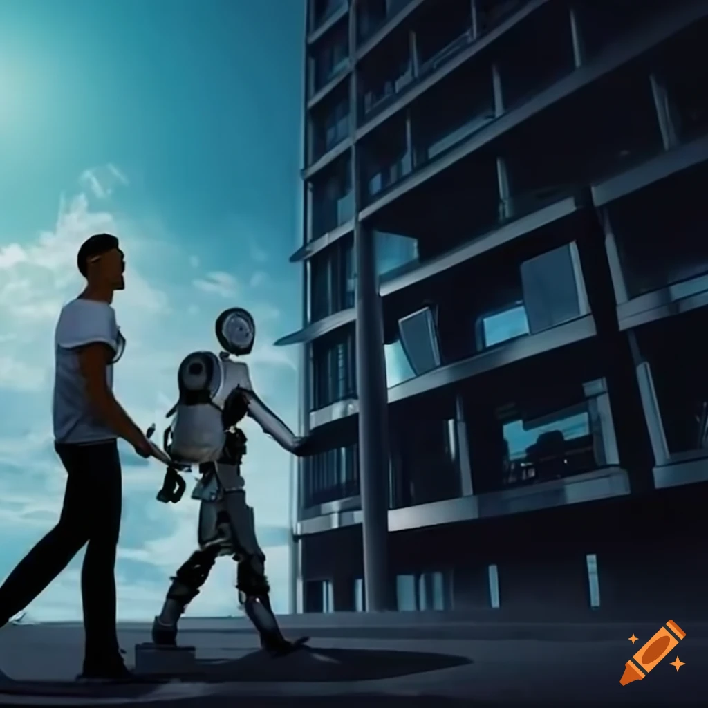 Young man and humanoid robot walking hand in hand in futuristic city ...