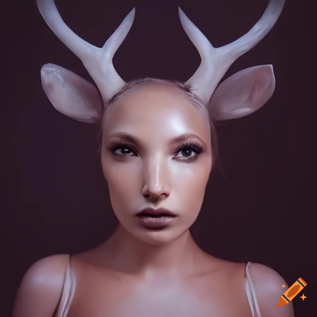 Front-facing portrait of person wearing a transparent latex doe-deer ...