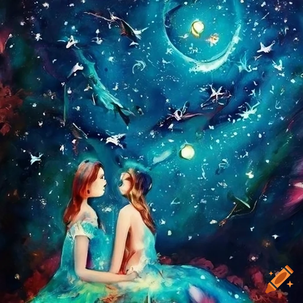 Abstract surrealism with stars and birds in a romantic scene featuring ...