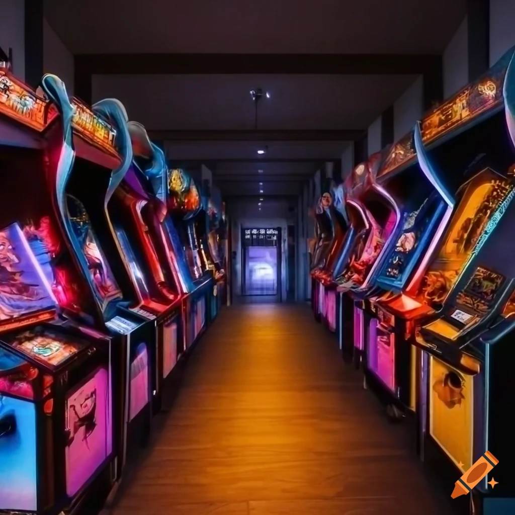 Large arcade room with led lights and rows of arcade machines on Craiyon