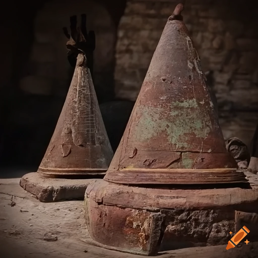 1920's archaeologists next to ancient pyramid-shaped bell covered in ...