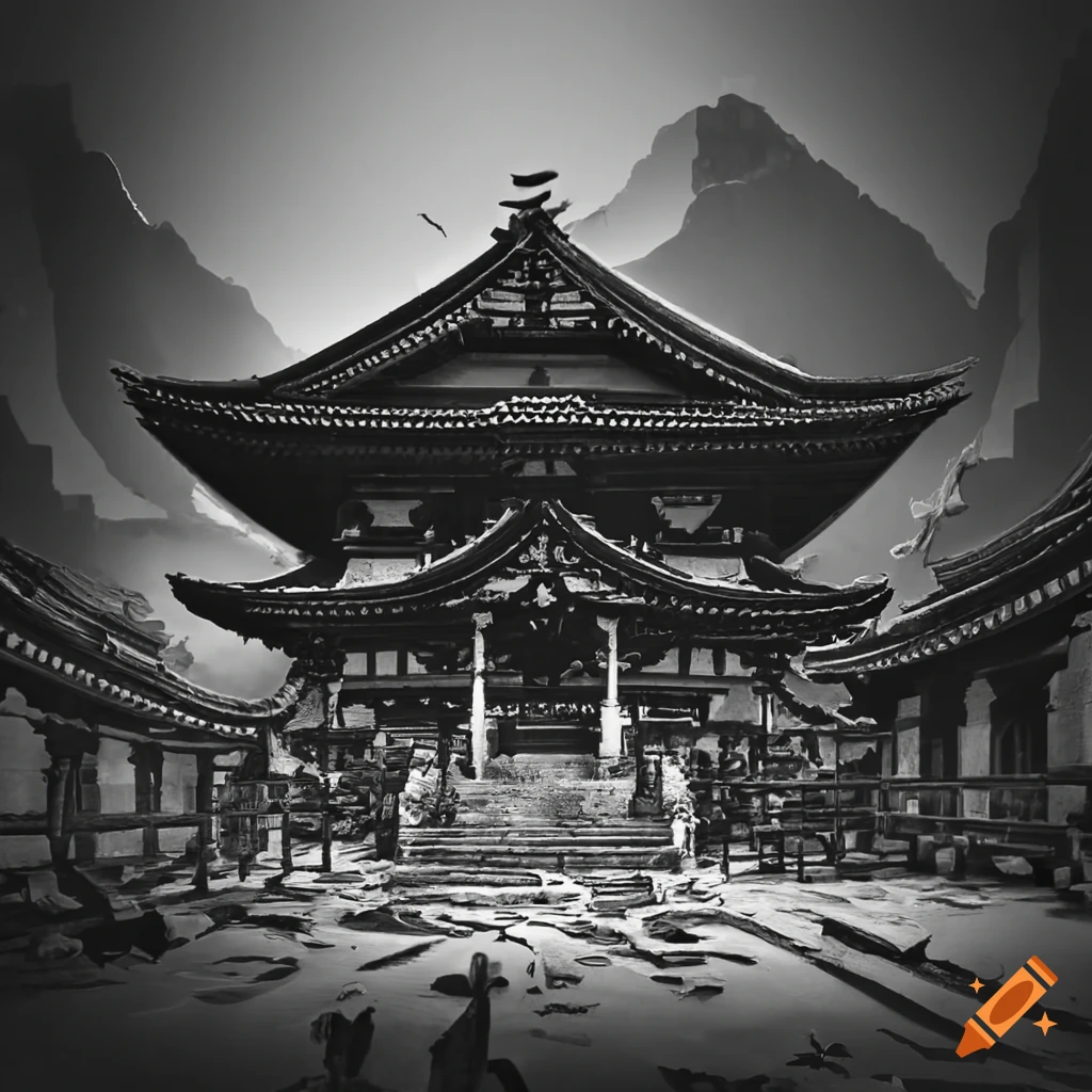 Japanese Shinto temple under siege by zombie hordes in black and white ...