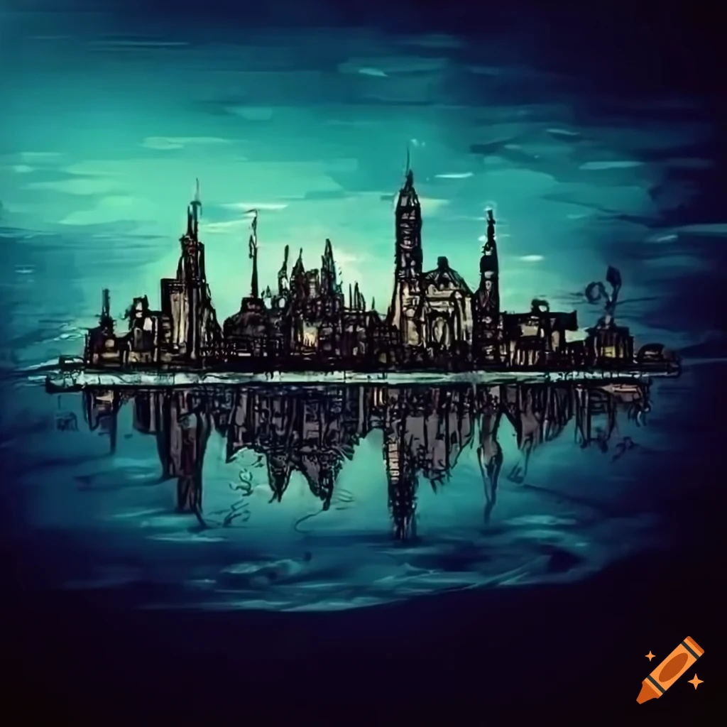 Bustling steampunk city by a calm lake on Craiyon