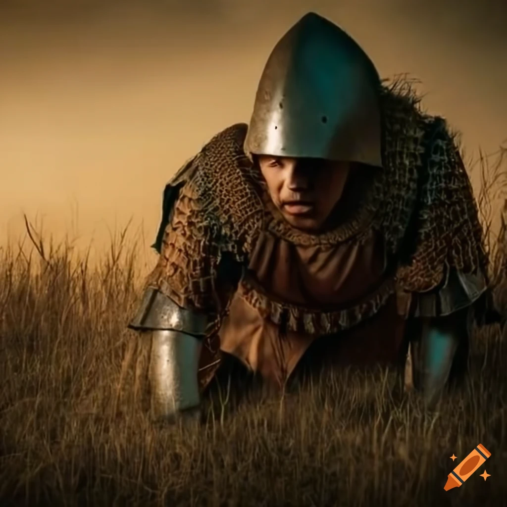 Medieval soldier crawling in a detailed field on Craiyon