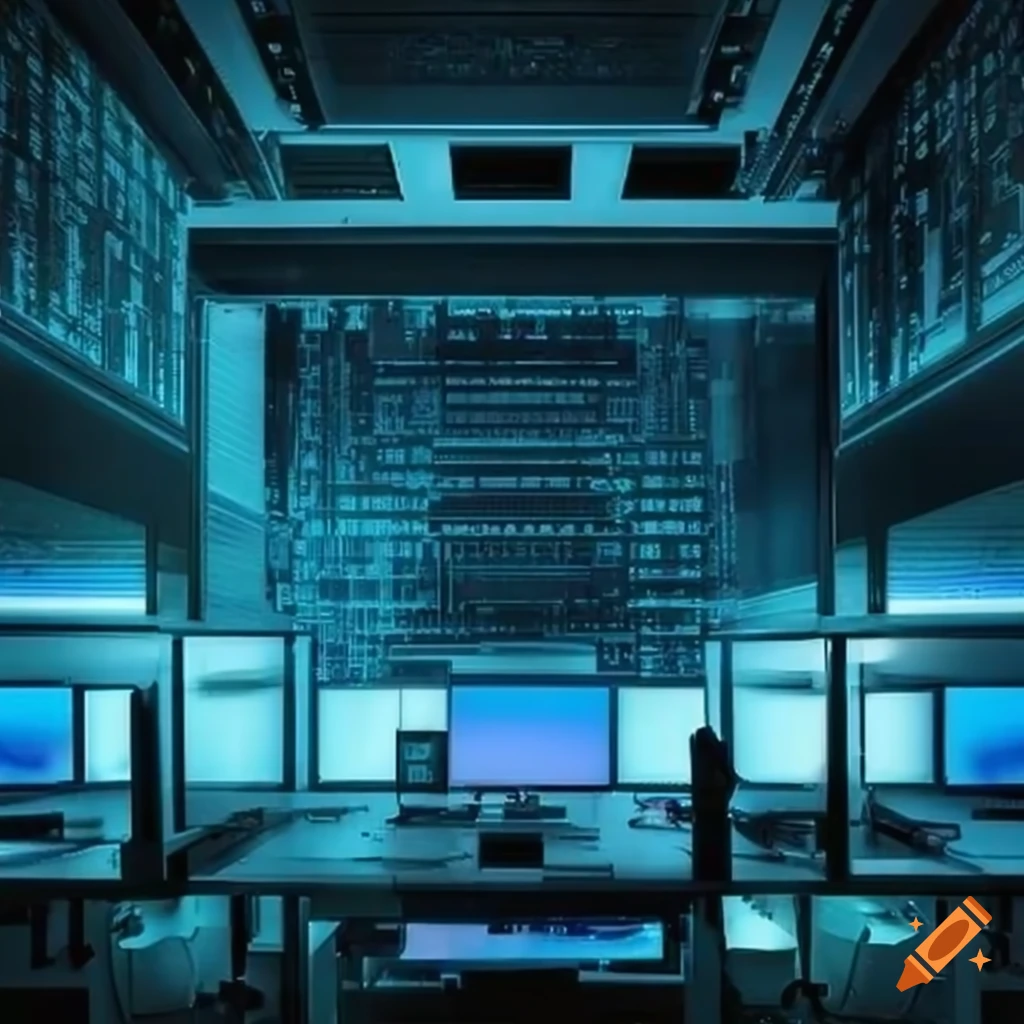 High-tech office room with computer screens showing lines of code on ...