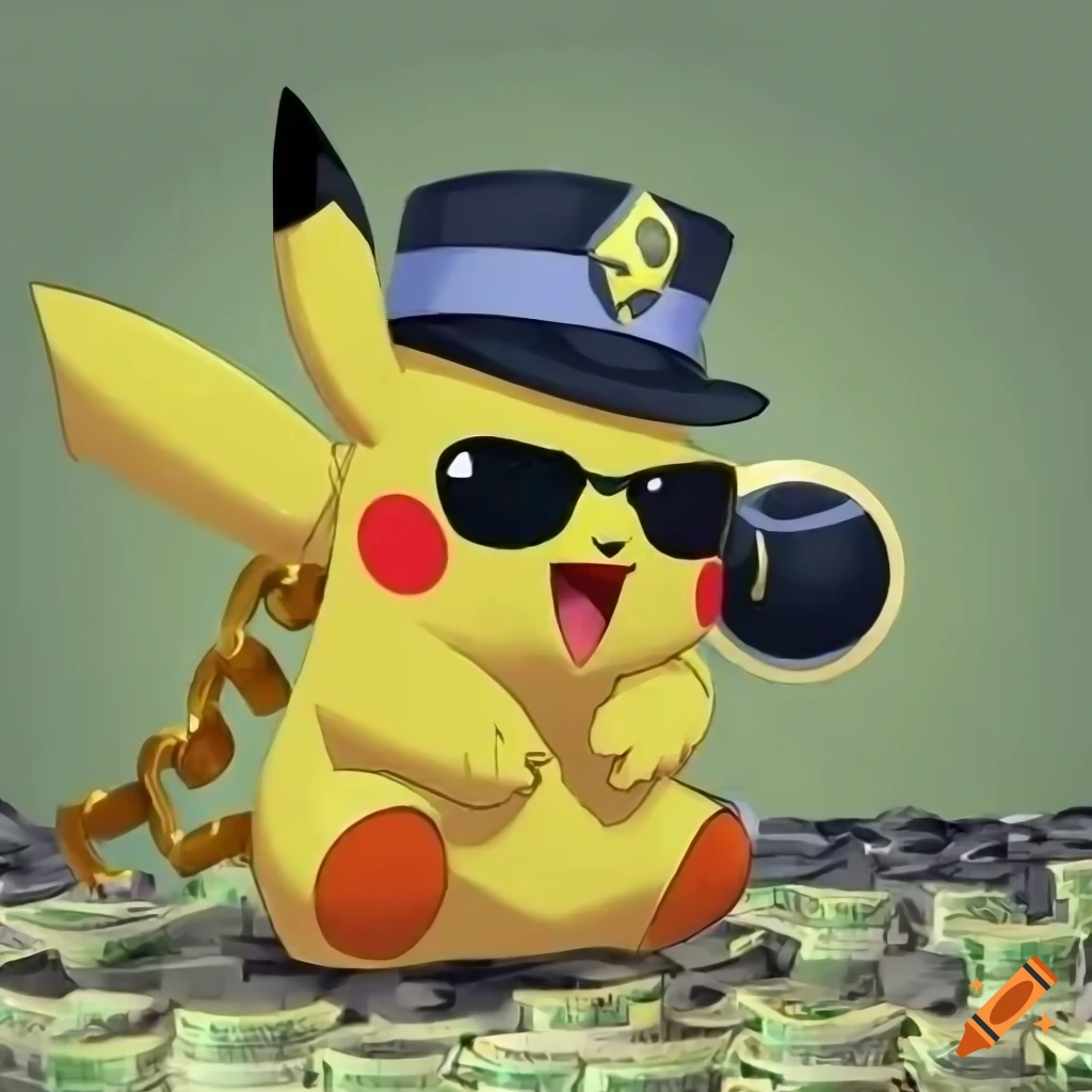 Pikachu with gold chain and sunglasses surrounded by money and ...