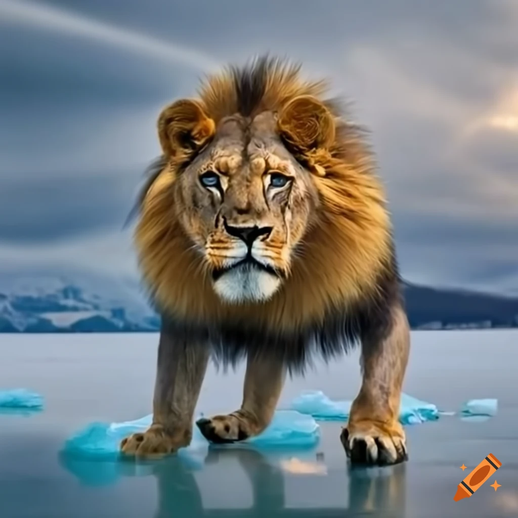 Mountain with ice lake and lion walking on frozen lake with blue eyes ...